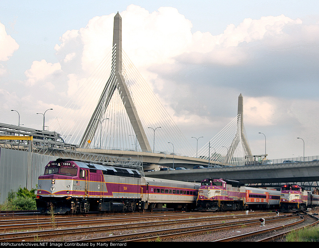 MBTA 1054 and 1125 Pulling Outbound and 1122 Pushing In Just North of the North Station ...